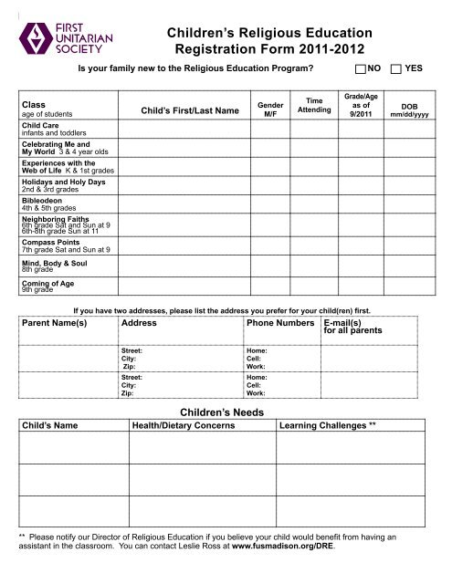Children's Religious Education Registration Form 2011-2012