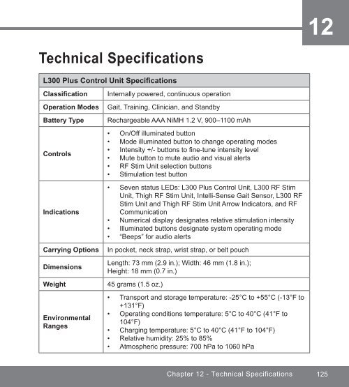 Technical Specifications - Bioness Inc.