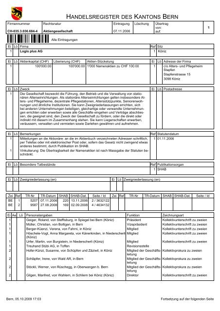 HANDELSREGISTER DES KANTONS BERN - logisplus AG