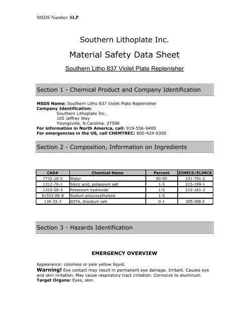 Material Safety Data Sheet - Southern Lithoplate, Inc