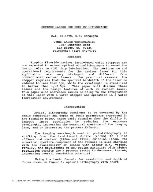 Excimer Lasers for Deep UV Lithography | Cymer