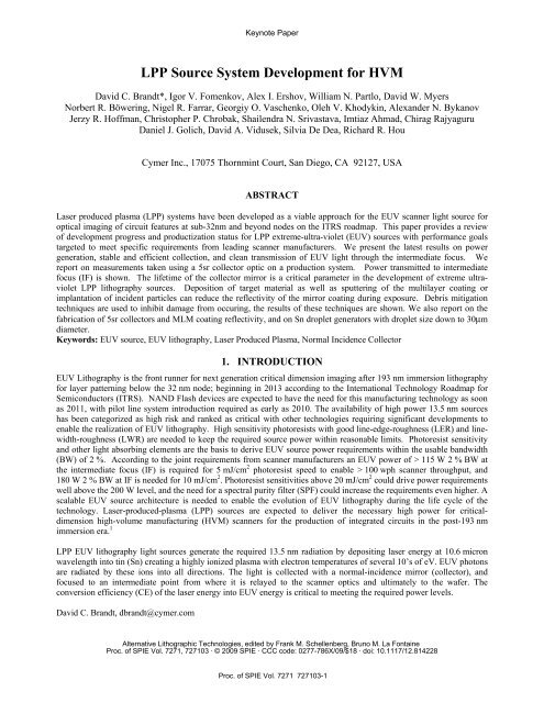 LPP source system development for HVM | Cymer