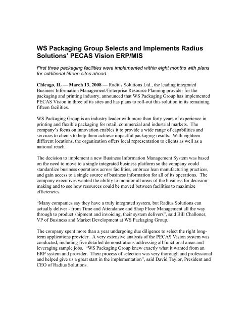 PECAS Vision ERP/MIS - Radius