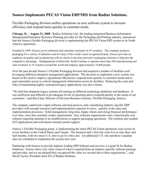 Sonoco Implements PECAS Vision ERP/MIS from Radius Solutions.