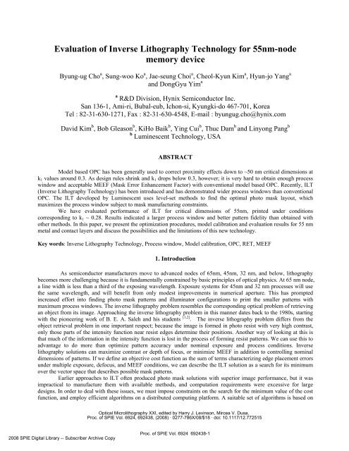 Evaluation of Inverse Lithography Technology for 55nm-node ...