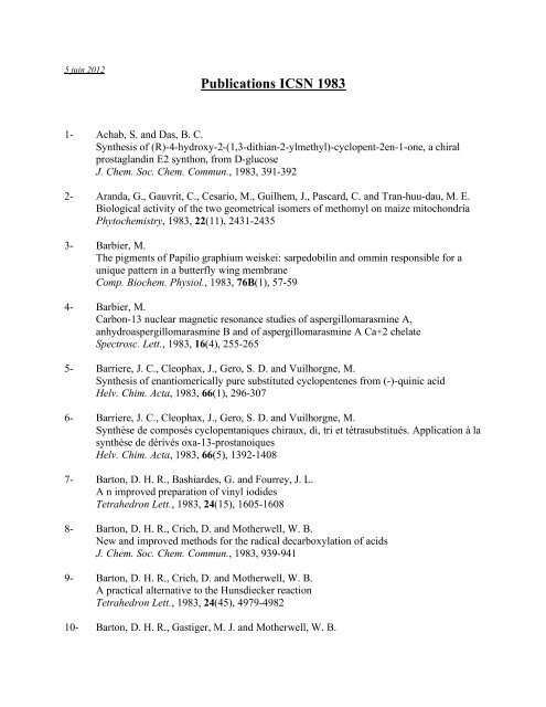 Publications ICSN 1983 - Historique de l'ICSN - CNRS