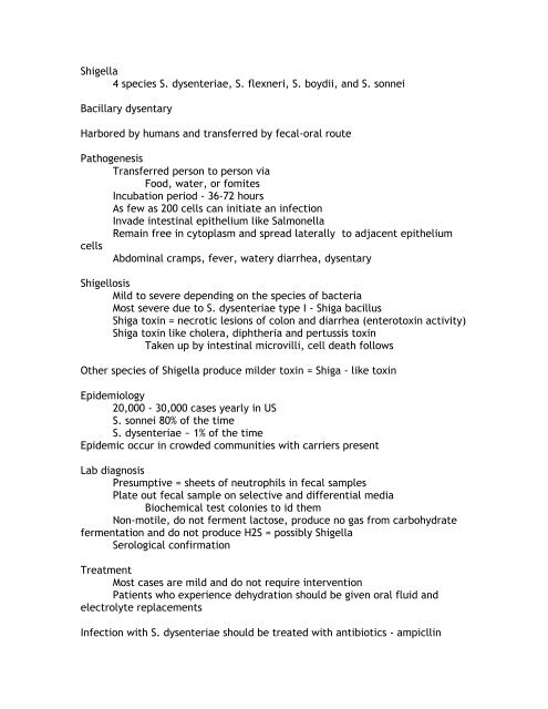 Shigella 4 species S. dysenteriae, S. flexneri, S. boydii, and S ...