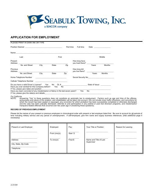 APPLICATION FOR EMPLOYMENT - Seabulk Towing, Inc.