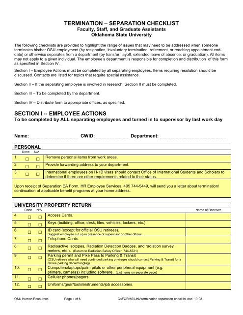 termination â separation checklist - University Research Compliance