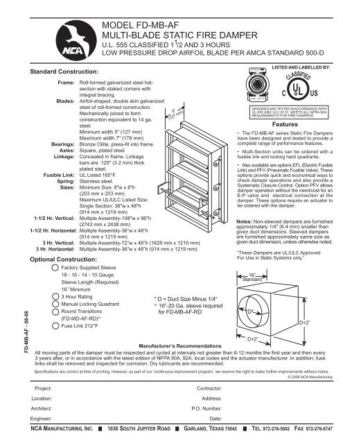 model fd-mb-af multi-blade static fire damper - NCA Manufacturing