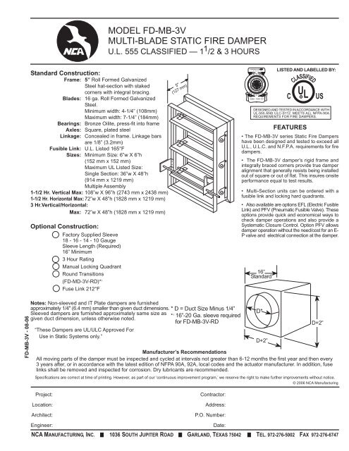 model fd-mb-3v multi-blade static fire damper - NCA Manufacturing