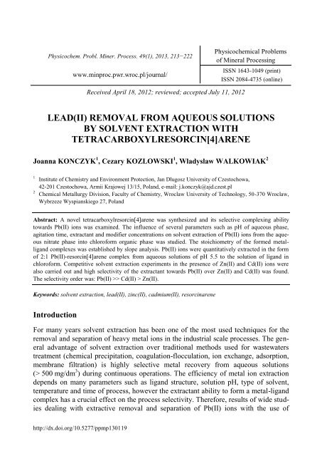 Lead(II) removal from aqueous solutions by solvent extraction with ...