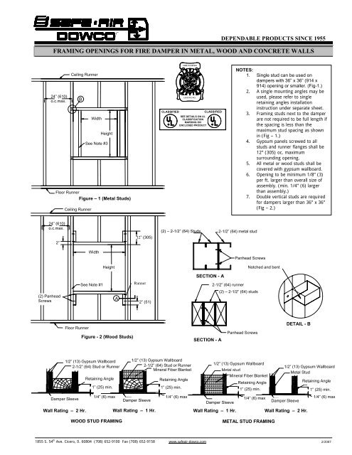 Framing openings for fire damper in metal, wood - Safe-Air Dowco