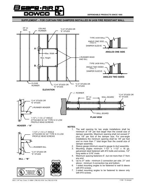 Framing openings for fire damper in metal, wood - Safe-Air Dowco