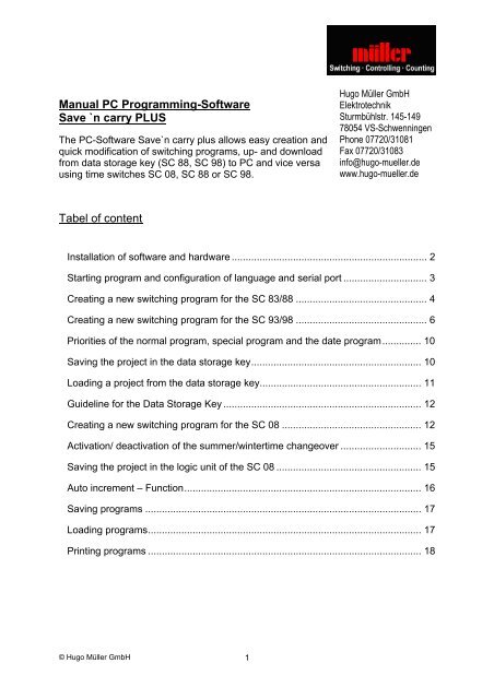 Manual Programming-Software Save `n carry plus - Hugo Müller