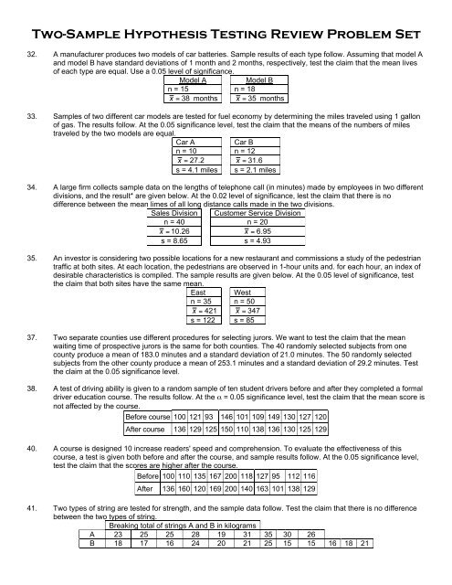 Two-Sample Hypothesis Testing Review Problem ... - mrkikermath.org