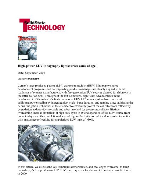 High Power EUV Lithography Light Sources Come of Age - Cymer, Inc.