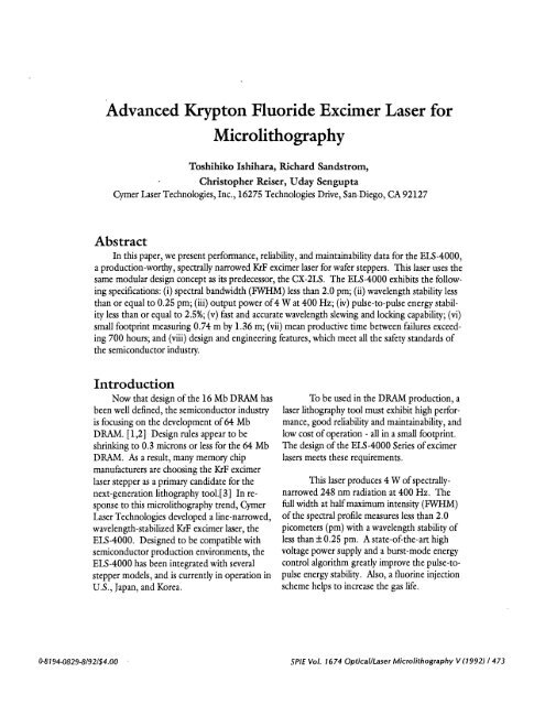 Advanced Krypton Fluoride Excimer Laser for ... - Cymer