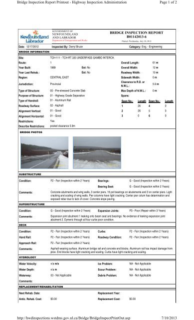 Page 1 of 2 Bridge Inspection Report Printout - Highway Inspection ...