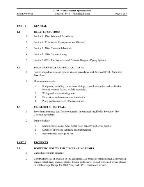 DTW Works Master Specification Section 15440 â Plumbing Pumps ...