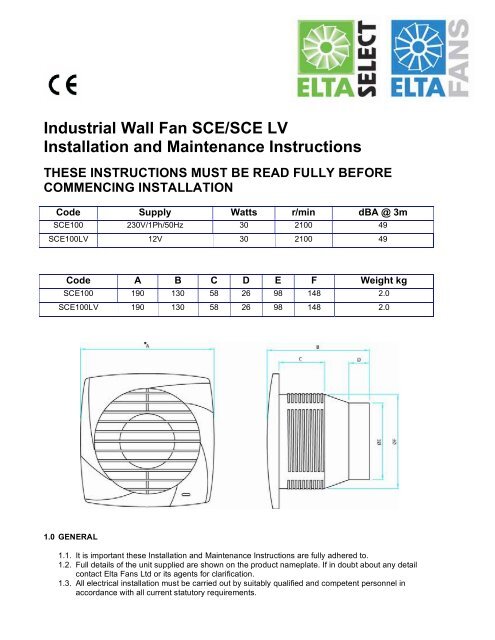 Industrial Wall Fan SCE/SCE LV Installation and ... - Angus Air
