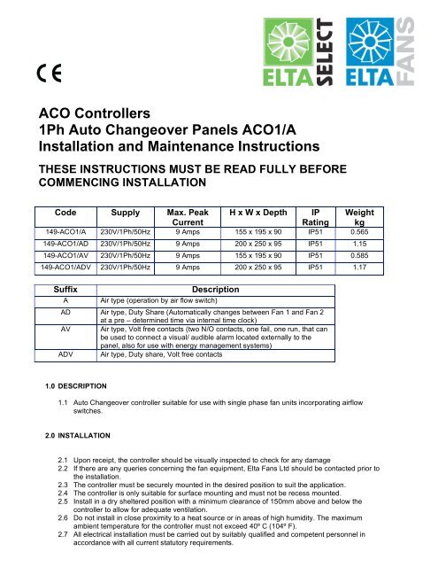 ACO Controllers 1Ph Auto Changeover Panels ACO1/A ... - Angus Air