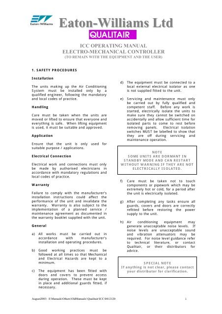 ICC Operation for Electro-Mechanical Controller ... - Eaton-Williams