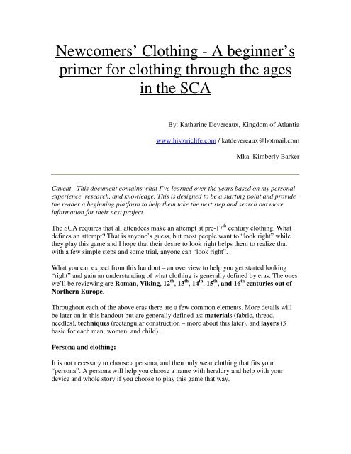 Newcomers' Clothing - A beginner's primer for clothing ... - Historic Life