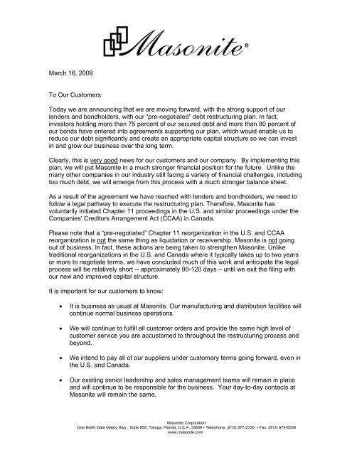 Masonite Restructuring - Customer Letter