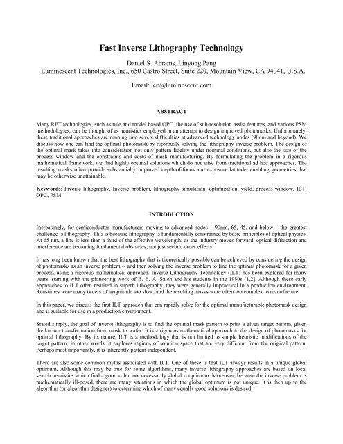 Fast Inverse Lithography Technology - Luminescent Technologies
