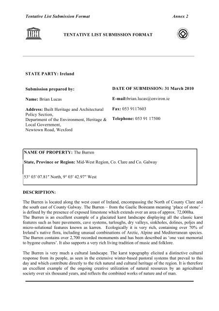 Burren Tentative List Submission Format - World Heritage