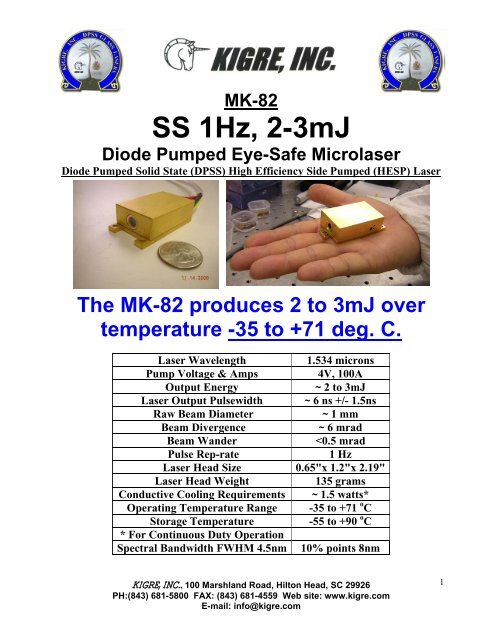 MK-82 SS 1Hz, 2-3mJ Diode Pumped Eye-Safe Microlaser - Kigre, Inc.