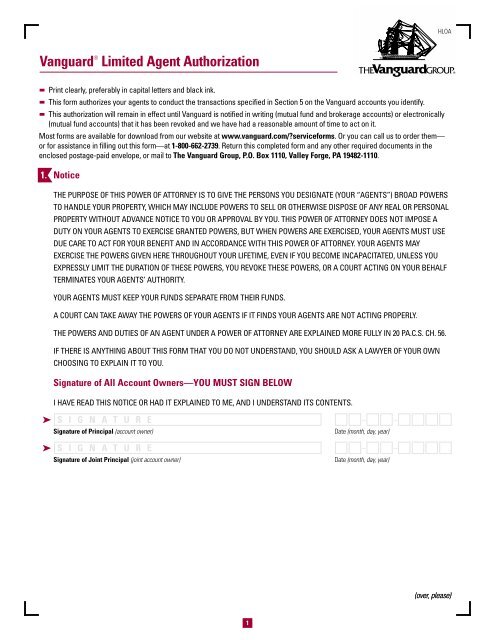 Vanguard Limited Agent Authorization