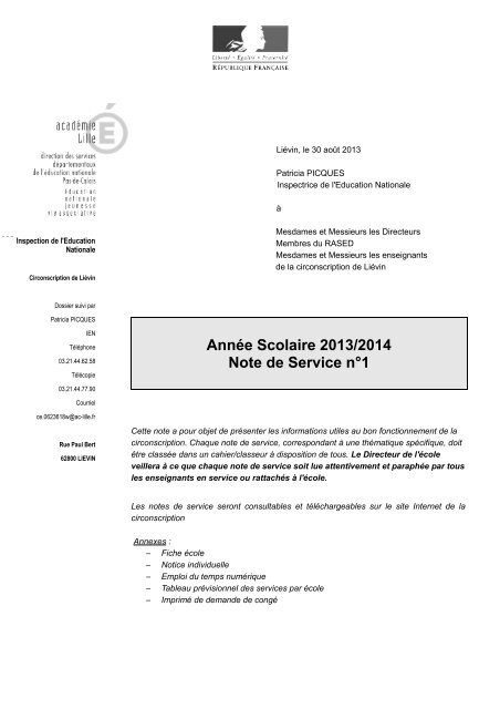 AnnÃ©e Scolaire 2013/2014 Note de Service nÂ°1 - Www5.ac-lille.fr