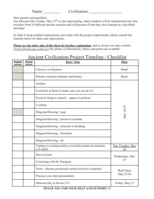 Ancient Civilization Project Timeline / Checklist