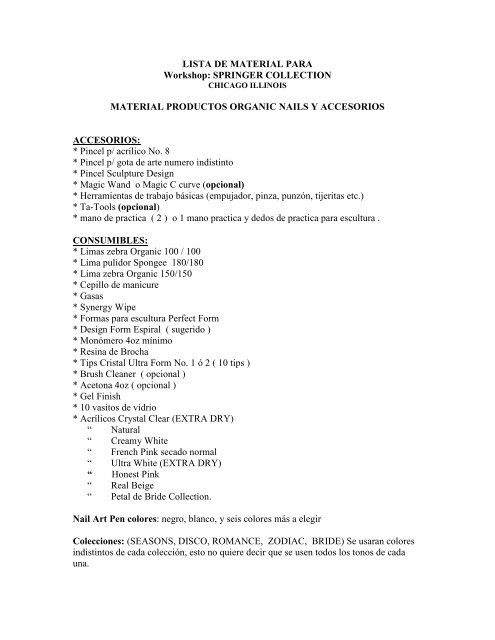 LISTA DE MATERIAL PARA Workshop: SPRINGER COLLECTION ...