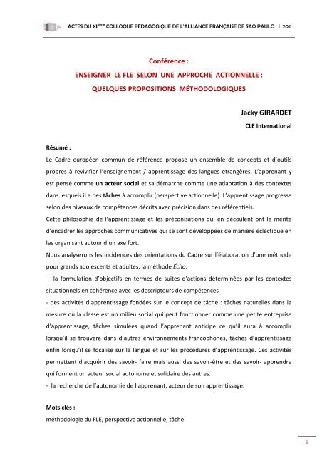 ENSEIGNER LE FLE SELON UNE APPROCHE ACTIONNELLE