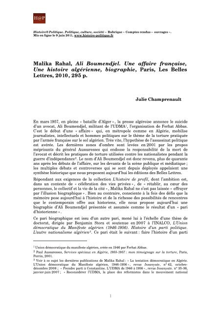 Compte rendu : Malika Rahal, Ali Boumendjel - Histoire@Politique