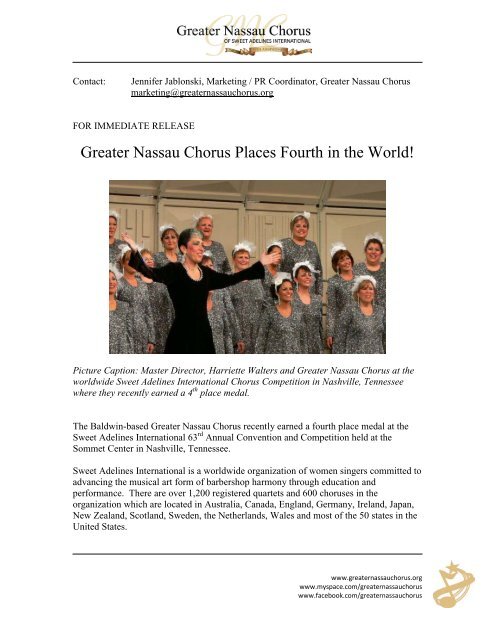 Greater Nassau Chorus Places Fourth in the World!