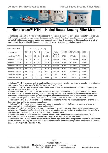 Nickelbrazeâ ¢ HTN â Nickel Based Brazing Filler Metal - Johnson ...