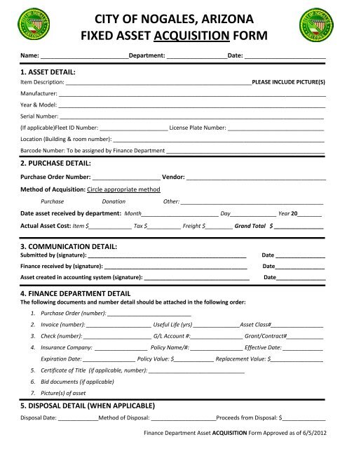 City Of Nogales Arizona Fixed Asset Acquisition Form Team Logic