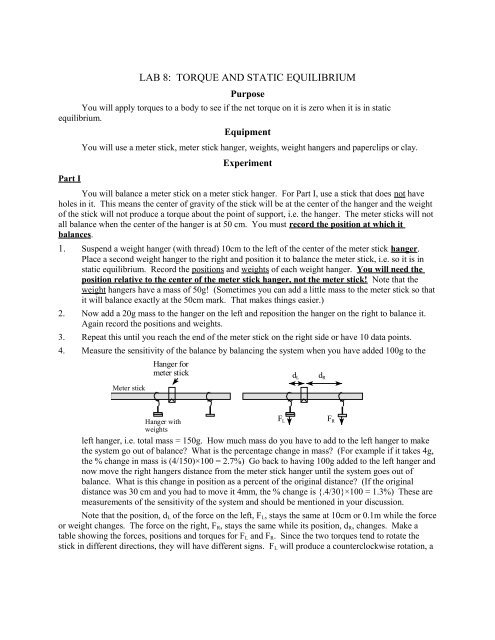 Lab 7: Torque and Static Equilibrium - Physics Lab 7: Torque and Static Equilibrium - Physics