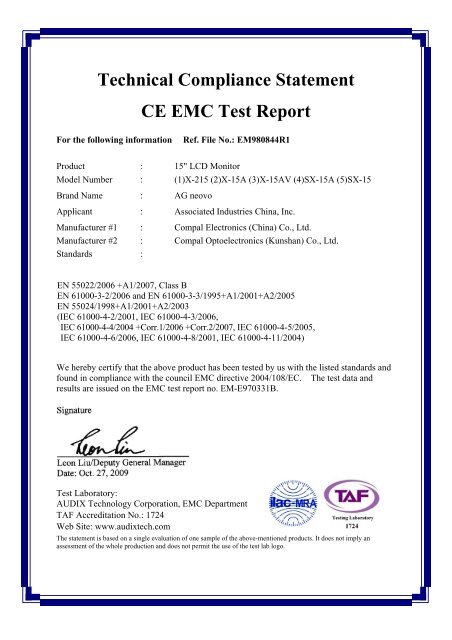 Technical Compliance Statement CE EMC Test ... - CENTRALSEG