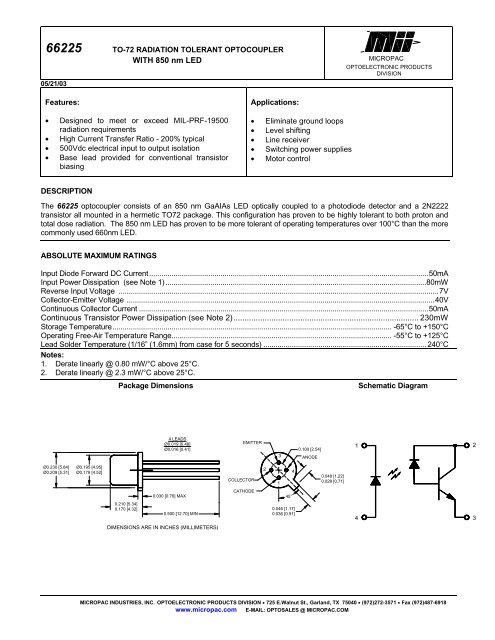 66225 TO-72 RADIATION TOLERANT OPTOCOUPLER WITH 850 ...