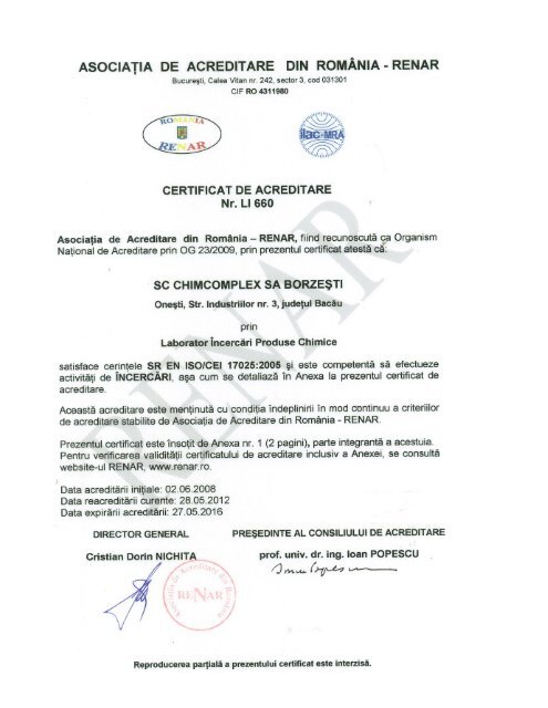 Certificat ISO 17025 - Chimcomplex SA