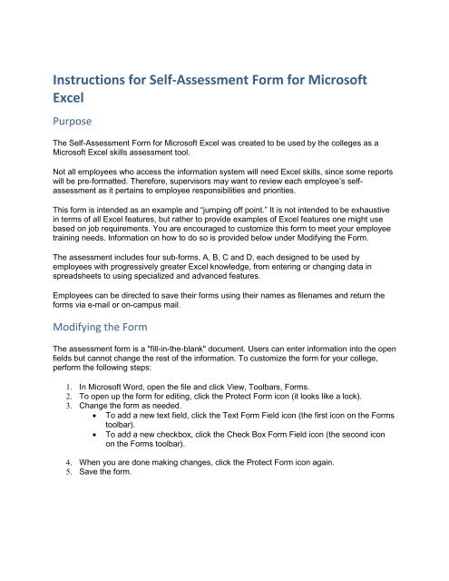 Instructions For Self Assessment Form For Microsoft Excel