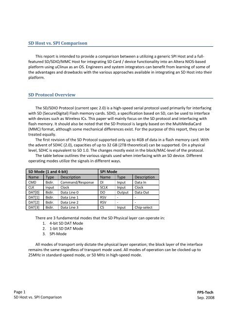 SD Host vs. SPI Comparison SD Protocol Overview - FPS-TECH