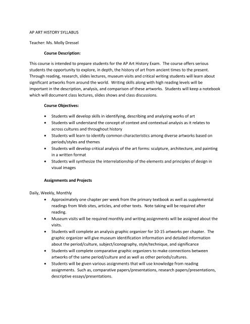 AP ART HISTORY SYLLABUS Teacher: Ms. Molly Dressel Course ...