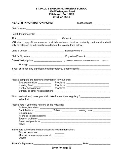 HEALTH INFORMATION FORM - St. Paul's Episcopal Nursery School
