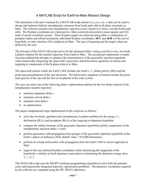 A MATLAB Script for Earth-to-Mars Mission Design - Orbital and ...